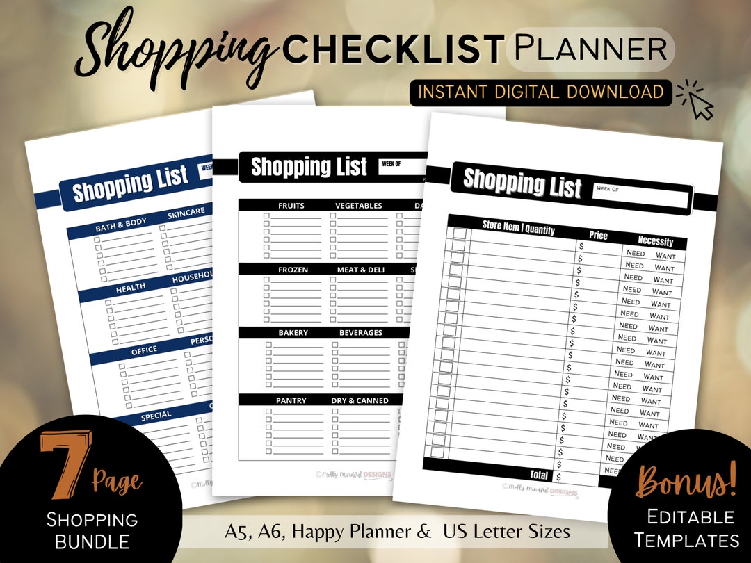 Editable Shopping Checklist Planner: Grocery, Household, Essentials ...