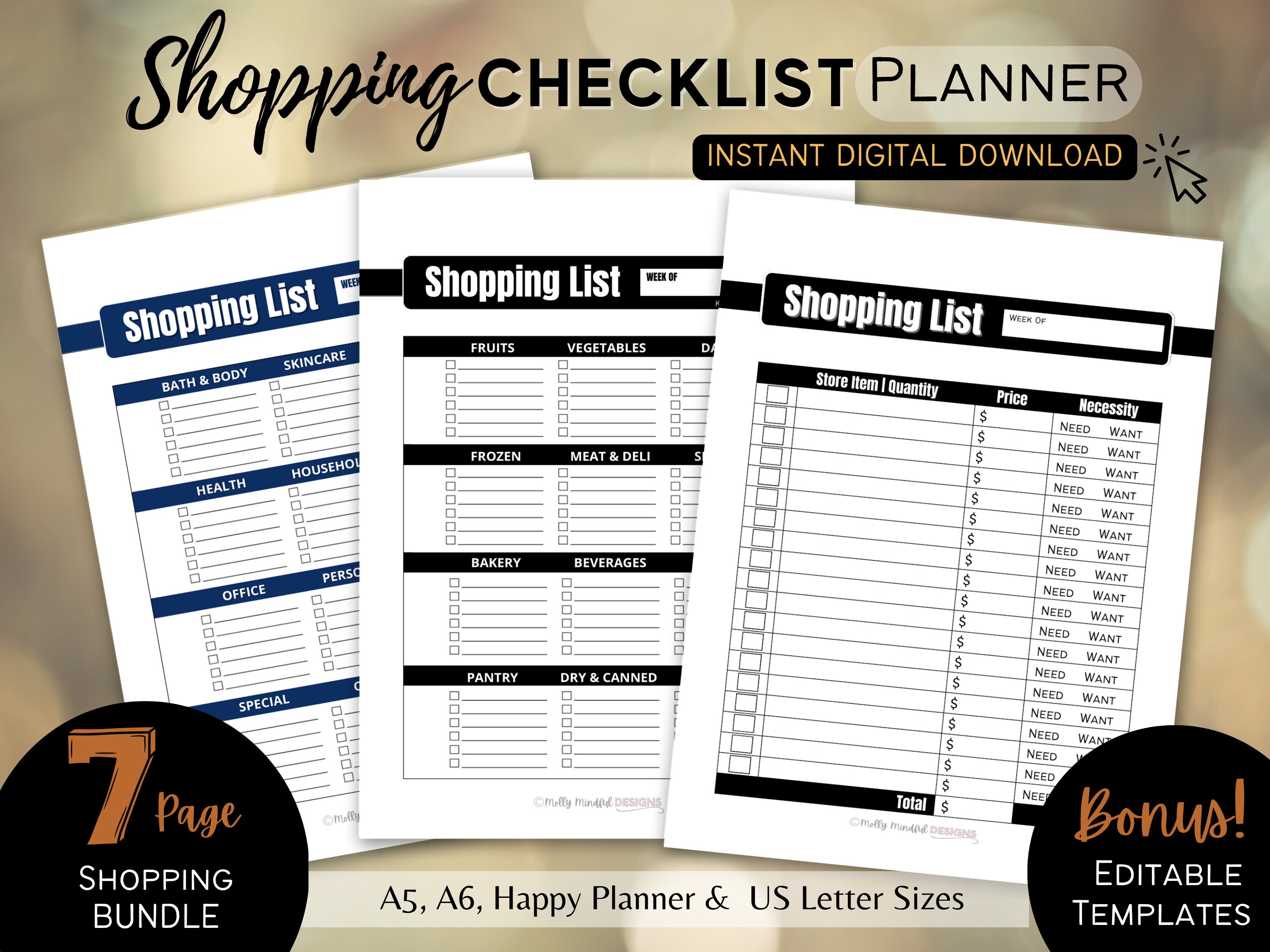 Editable Shopping Checklist Planner: Grocery, Household, Essentials ...