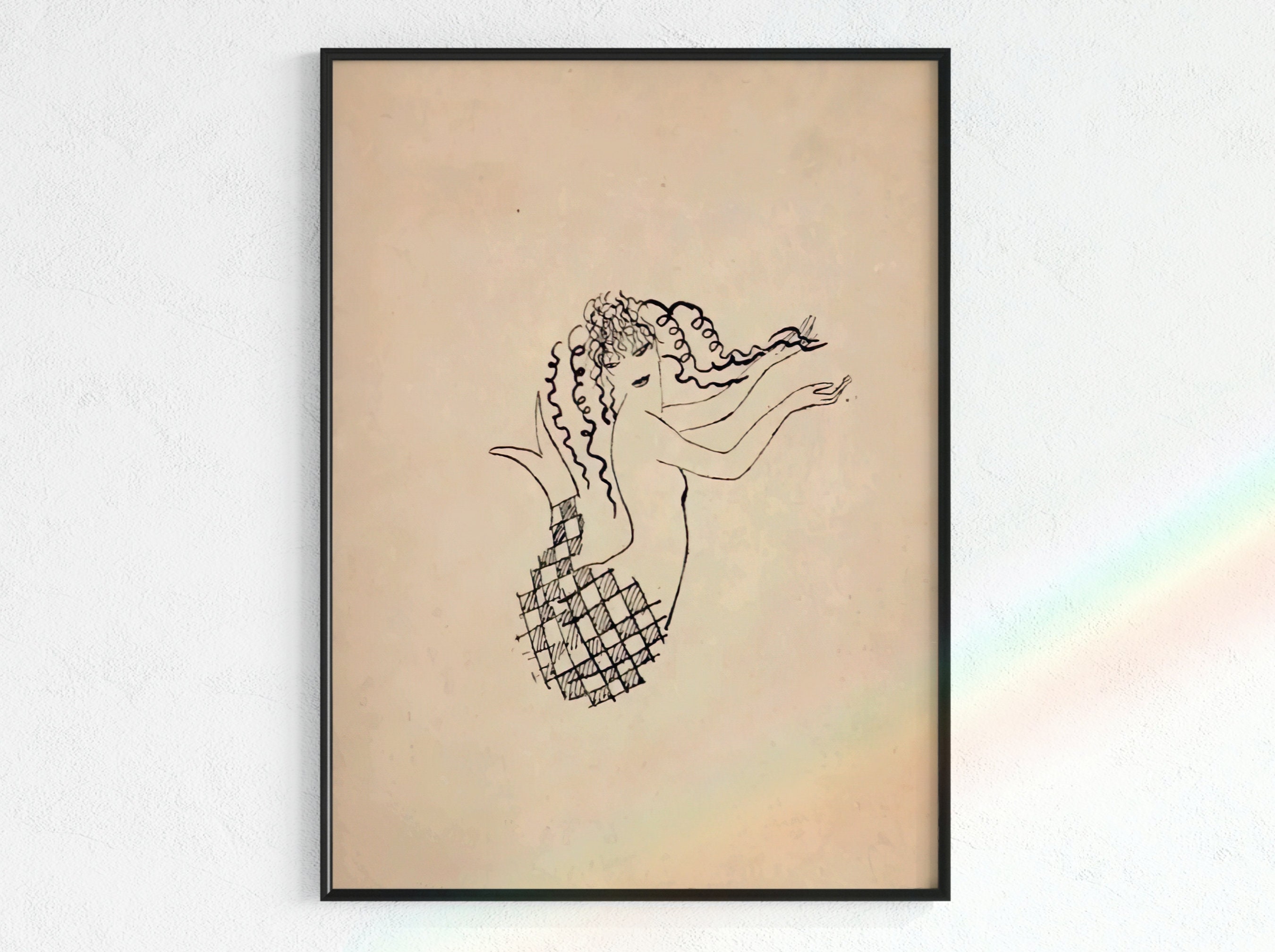 Mermaid Drawing | Digital Prints, Mermaid Line Drawing, Vintage Mermaid ...