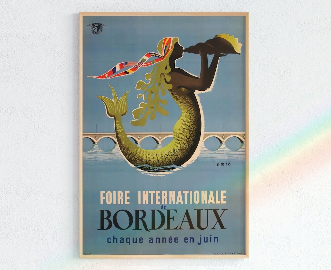 Vintage Mermaid Travel Poster, Art Deco | Bordeaux France (digital ...