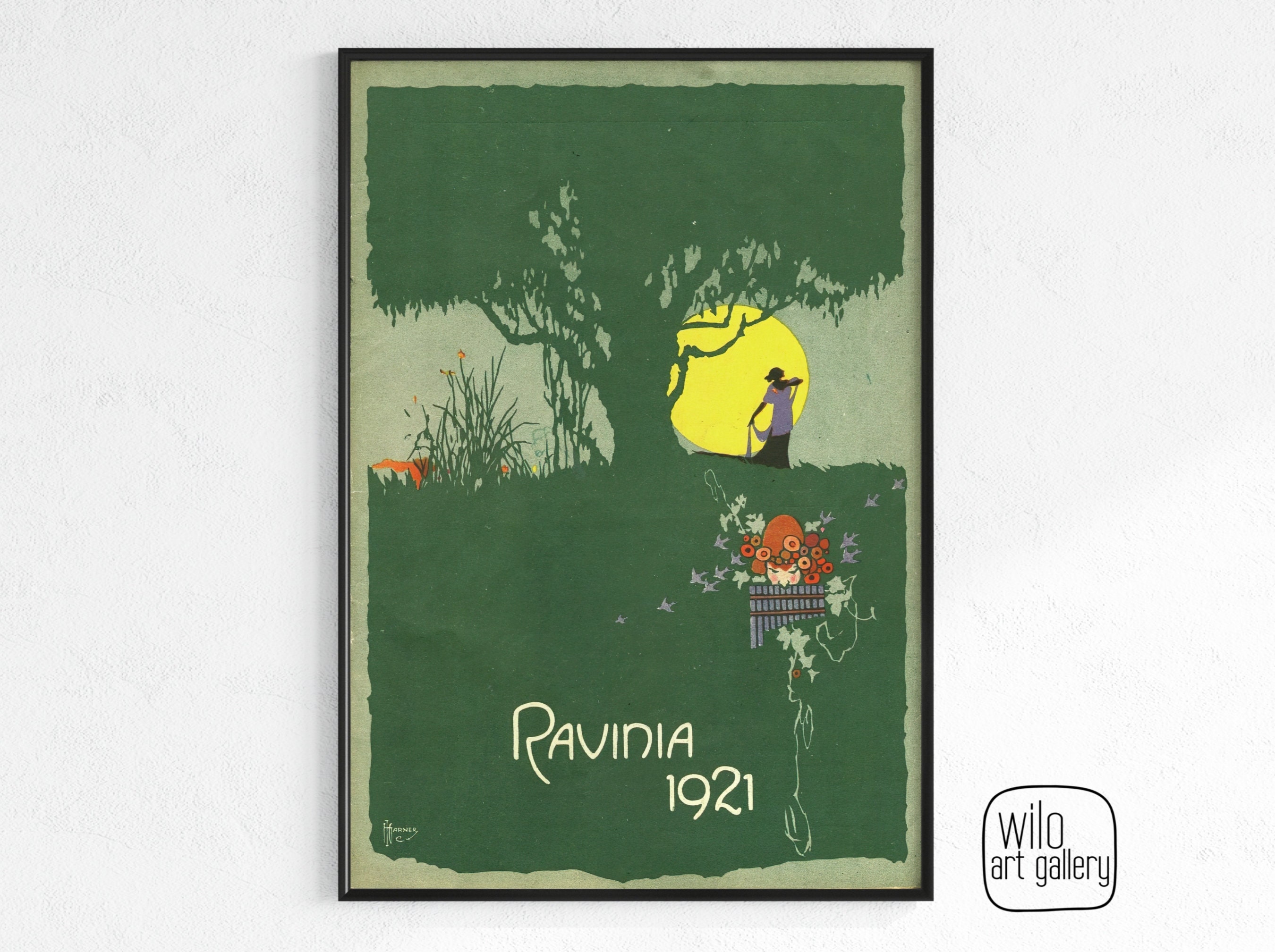 Vintage 1921 Ravinia Festival Poster | Tree and Moon in Shades of Green ...
