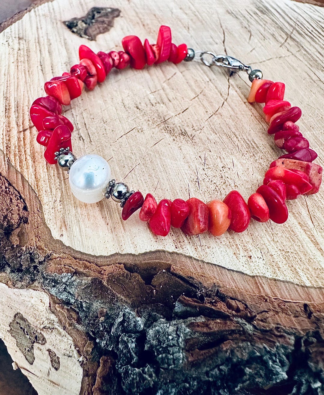 Red Coral Chip Bracelet With Freshwater Pearl - Etsy
