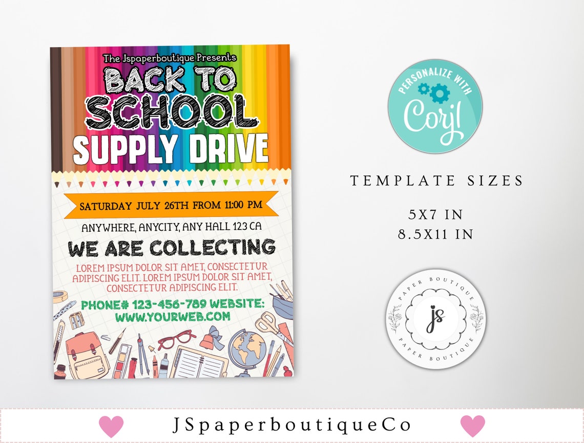 Back to School Drive Flyer Template, Editable Back to School Supply ...