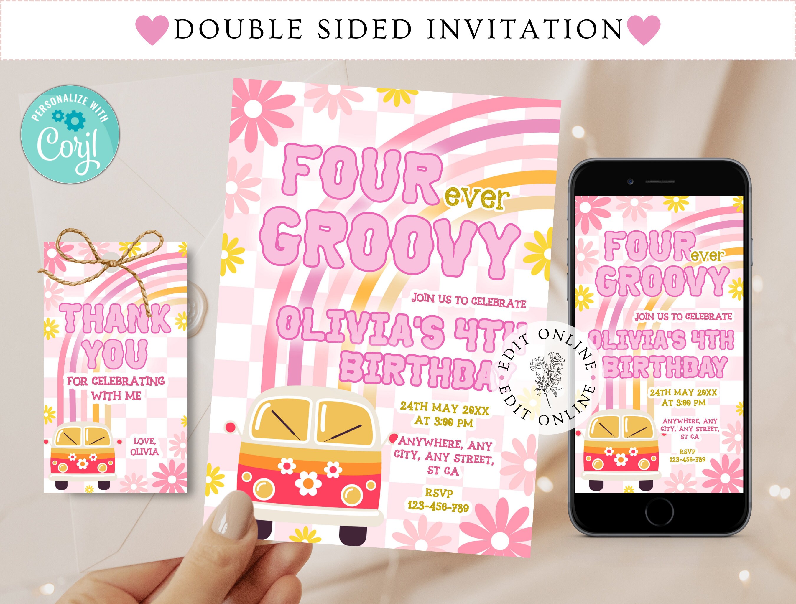 Four Ever Groovy Birthday Party Invitation, Groovy Rainbow Party ...