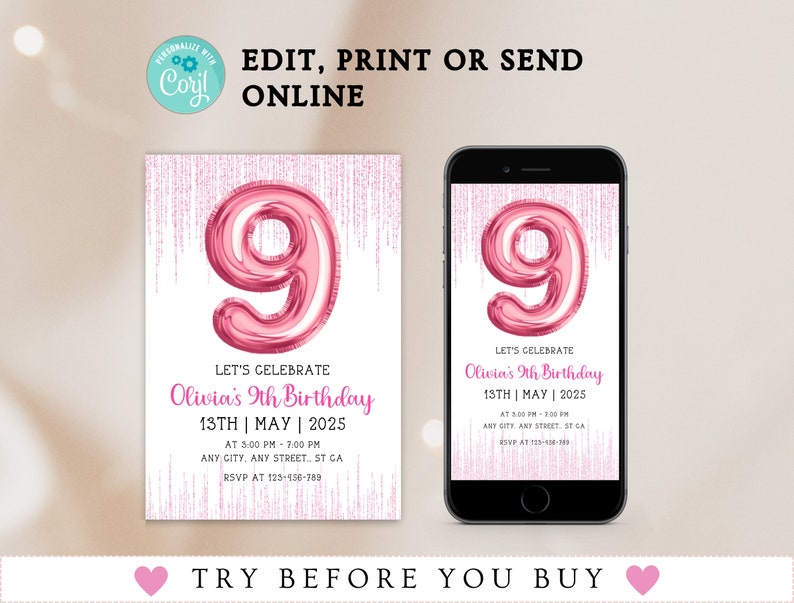 Editable 9th Birthday Invitation Template, Printable 9th Birthday ...