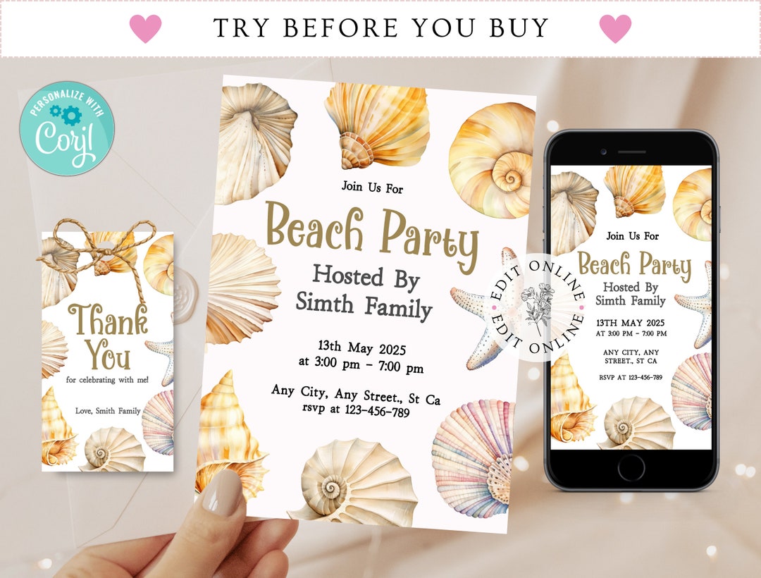 Sea Shell Birthday Party Invitation Template, Beach Birthday Party ...
