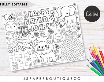 Safari Coloring Placemat DIGITAL Wild Animals Party Activity Sheet Kids ...