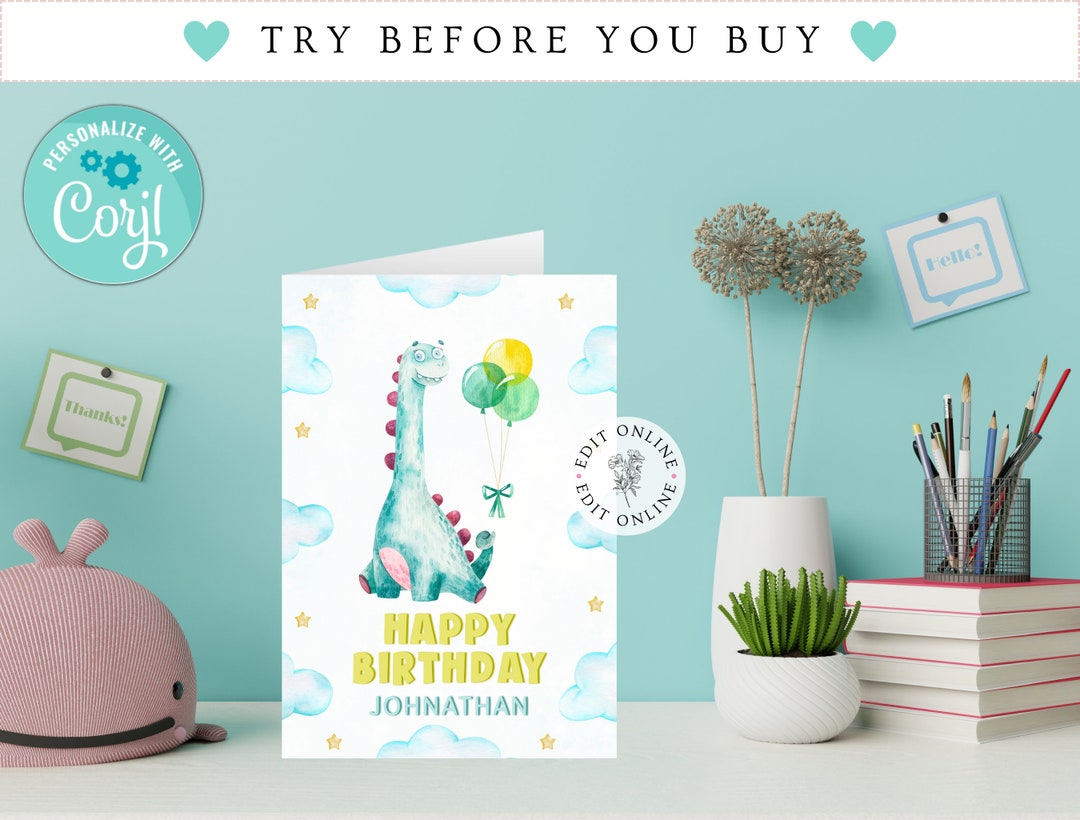 Happy Birthday Card, Dino Birthday Card, Dinsaur Birthday Card, Digital ...