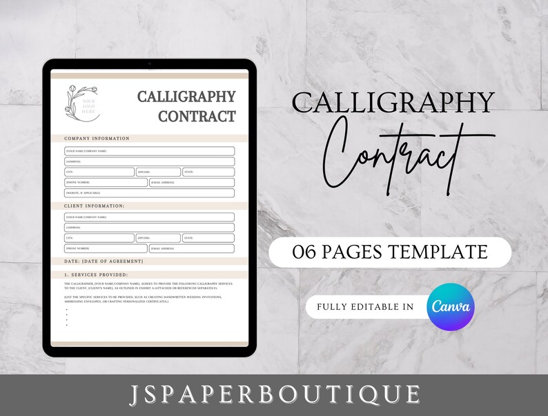 Calligraphy Contract Template, Wedding Calligraphy Business, Canva, Small Business Contract ...