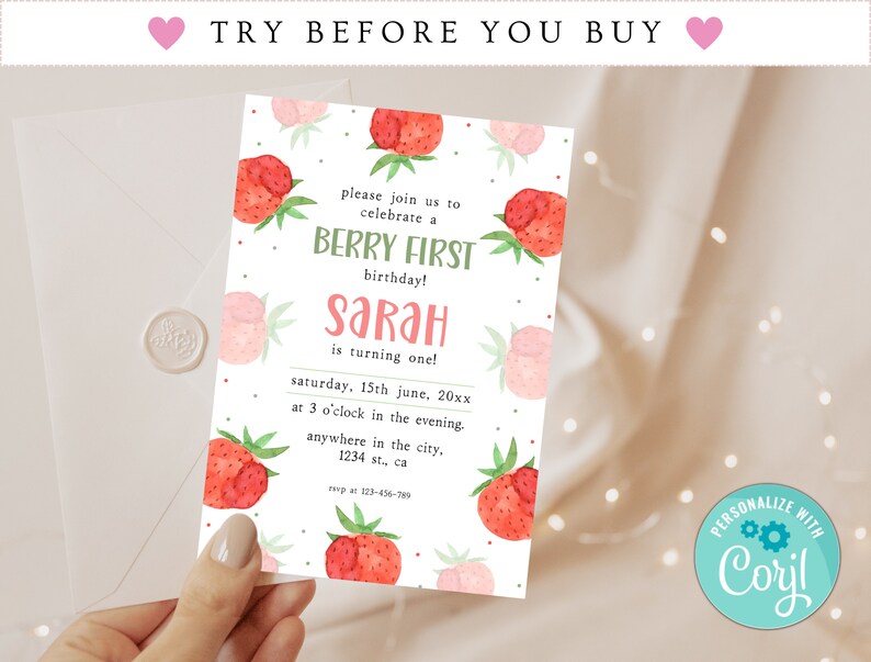Strawberry First Birthday Invitation Strawberry 1st Birthday - Etsy