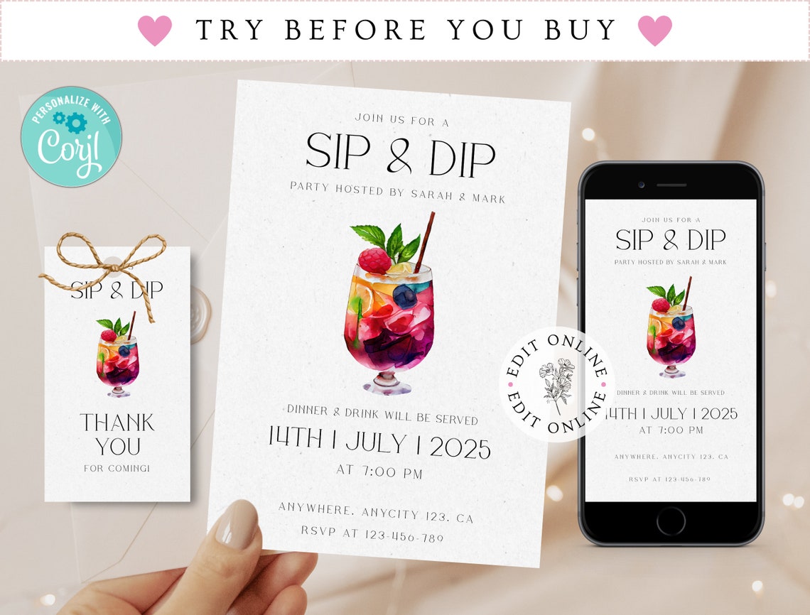 Sip and Dip Summer Party Invitation, Summer Cocktail Party Invitation ...