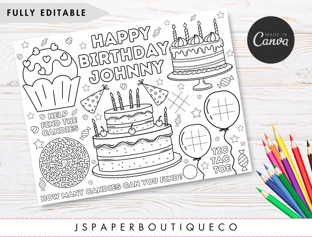 Birthday Party Coloring Placemat, Party Activity, Kids Coloring Page ...