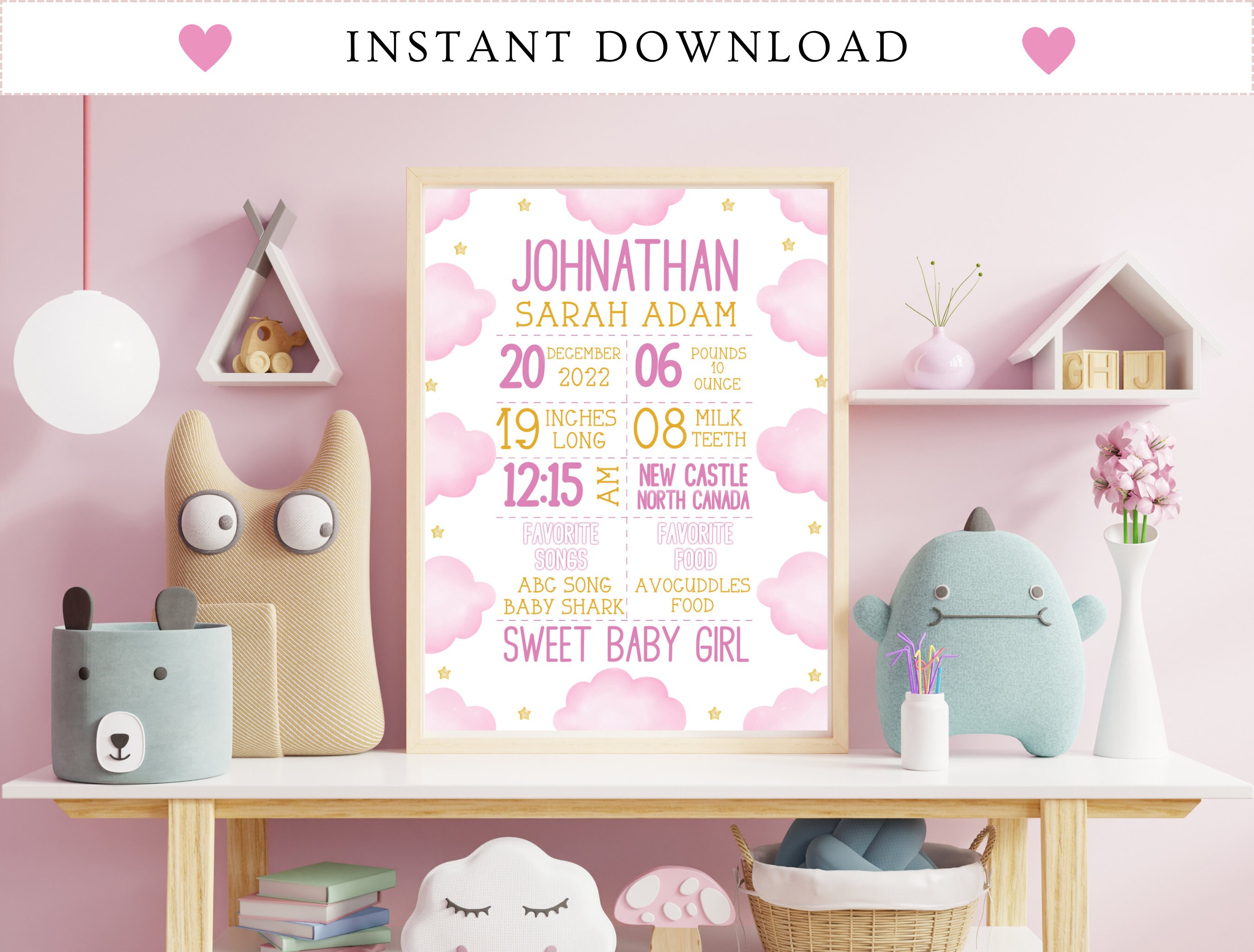 Baby Birth Stats, Baby Girl Birth Announcement Template, Baby Birth ...