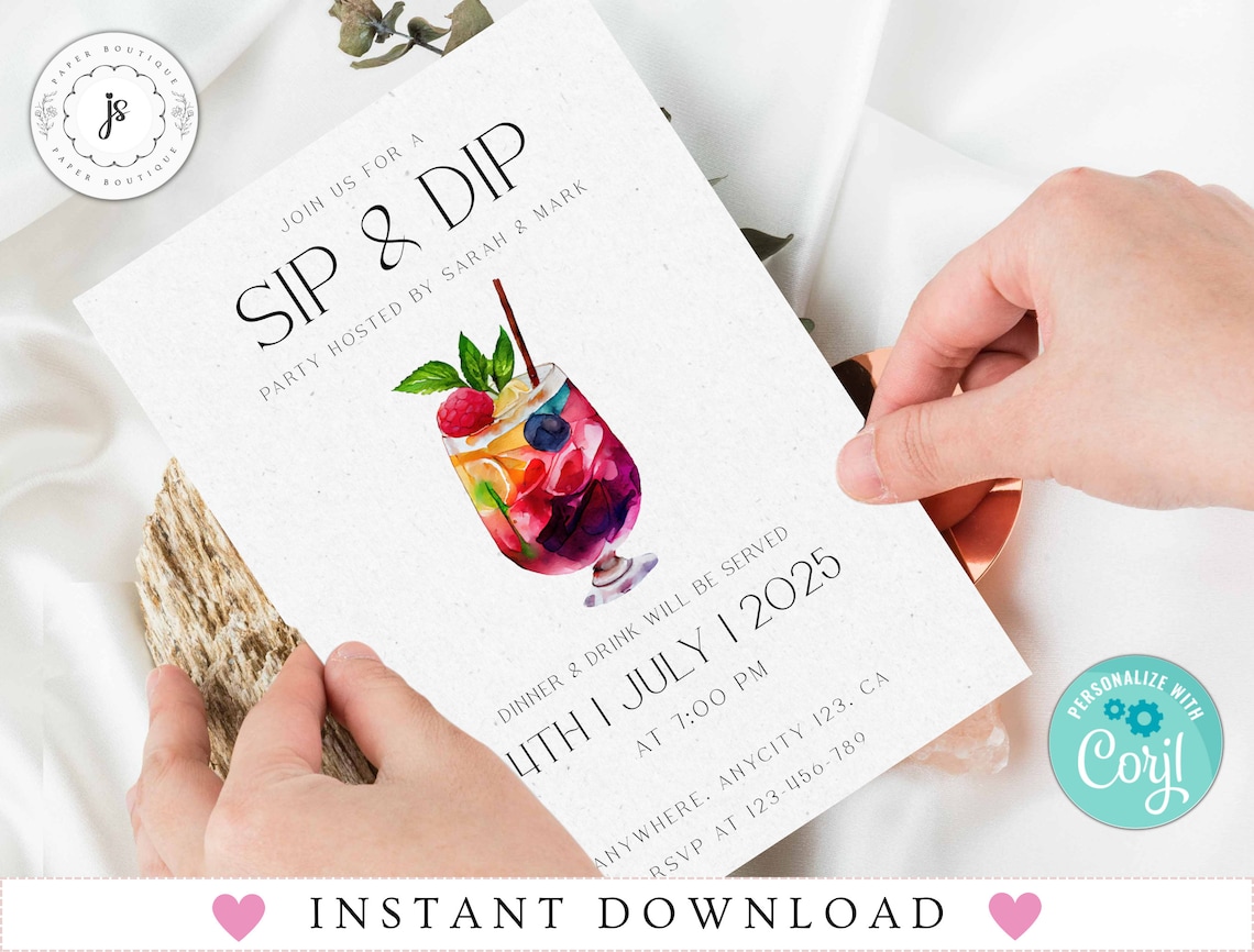 Sip and Dip Summer Party Invitation, Summer Cocktail Party Invitation ...