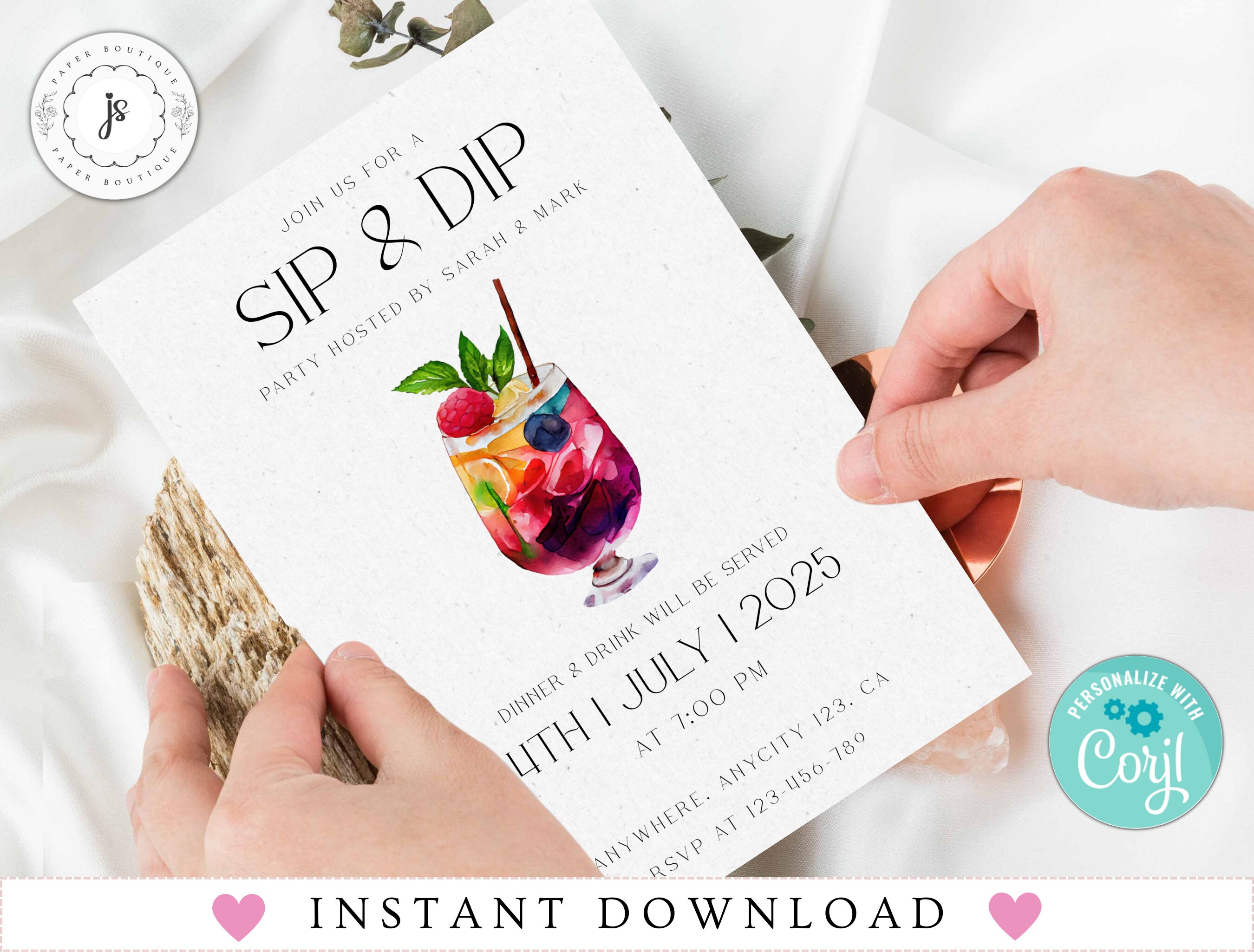 Sip and Dip Summer Party Invitation, Summer Cocktail Party Invitation, Sip & Dip Invite, Simple ...