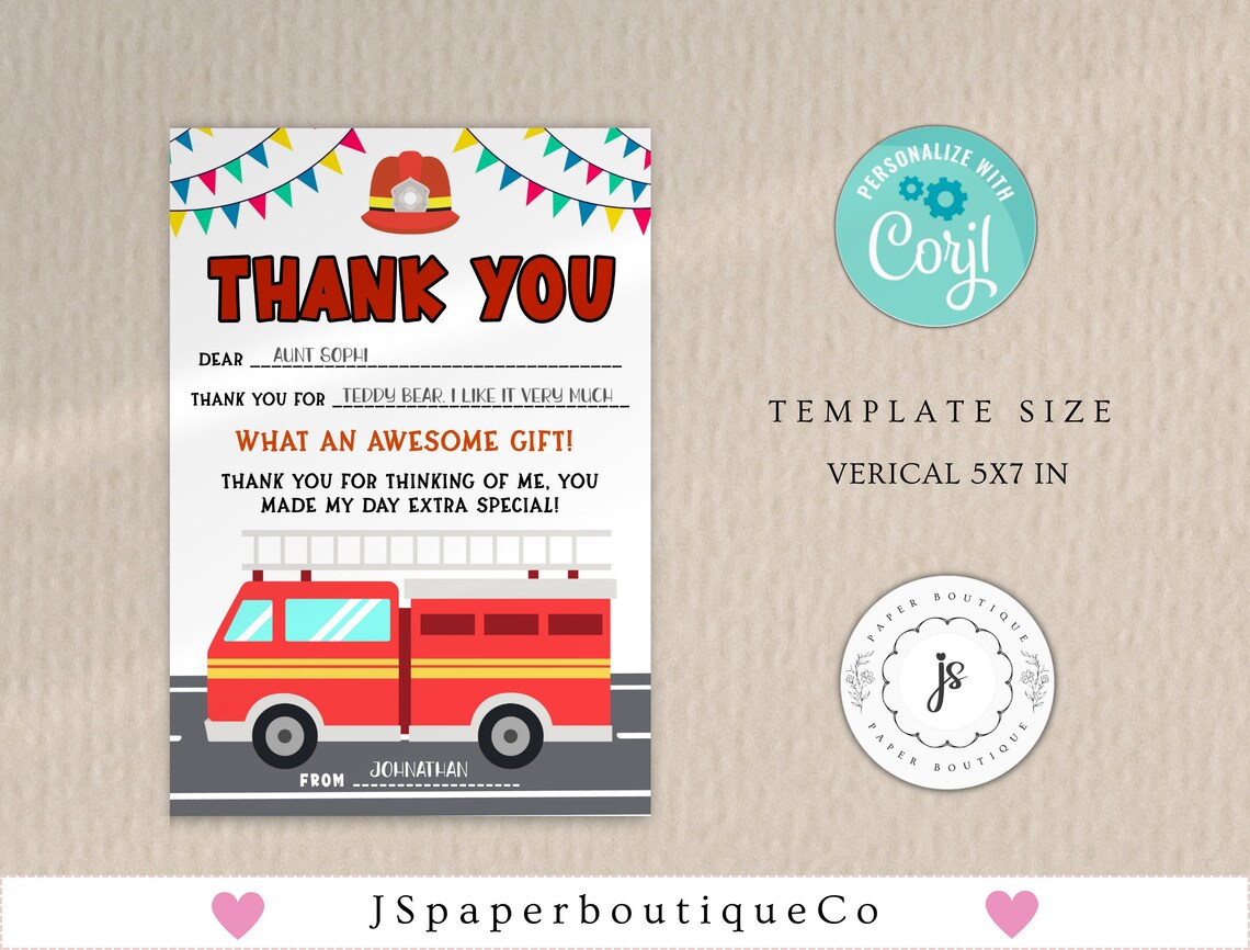 Firetruck Thank You Card Template, Editable Thank You Card, Firefighter ...