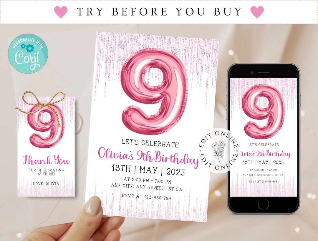 Editable 9th Birthday Invitation Template, Printable 9th Birthday ...