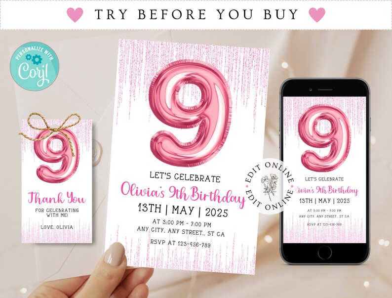Editable 9th Birthday Invitation Template, Printable 9th Birthday ...
