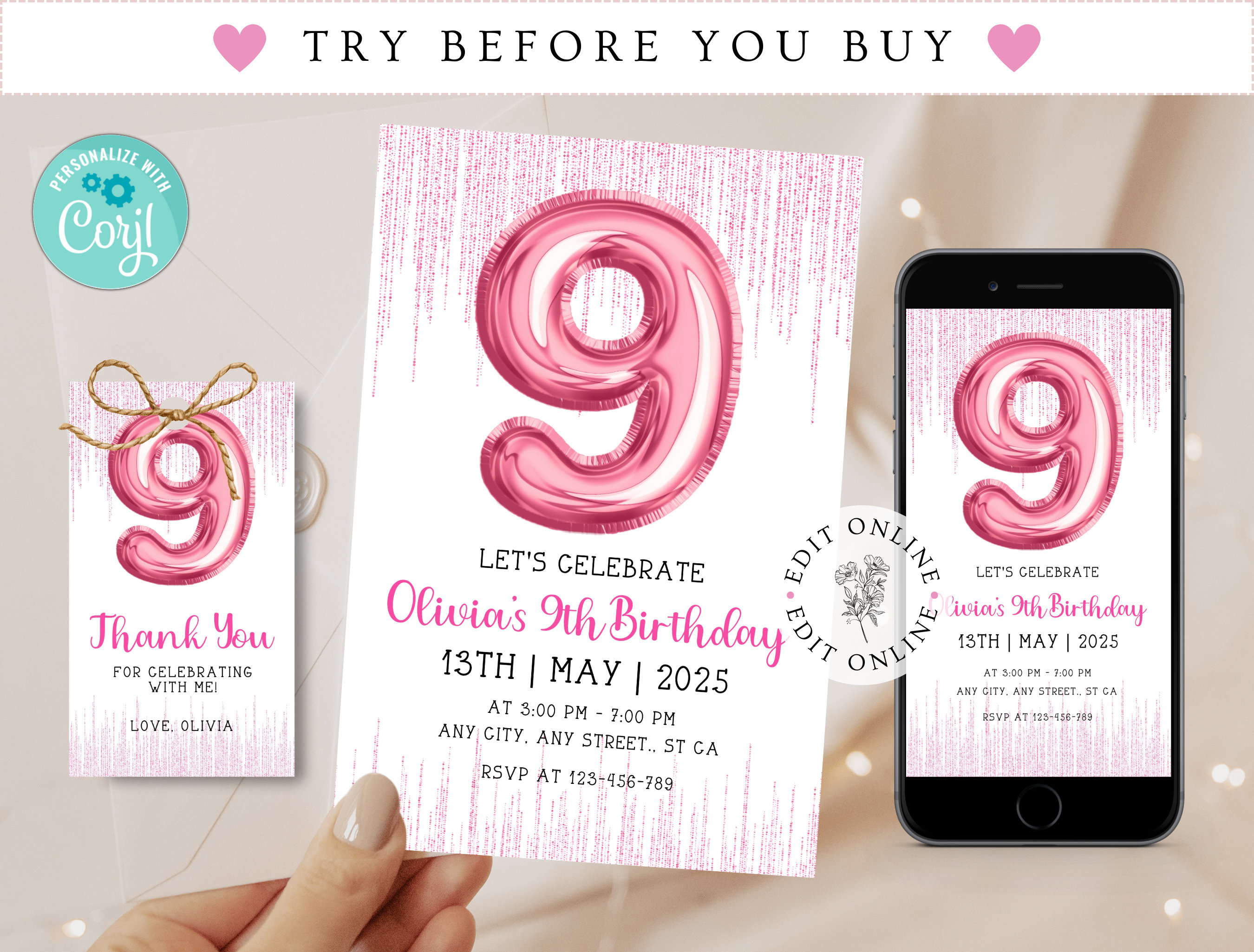 Editable 9th Birthday Invitation Template, Printable 9th Birthday ...