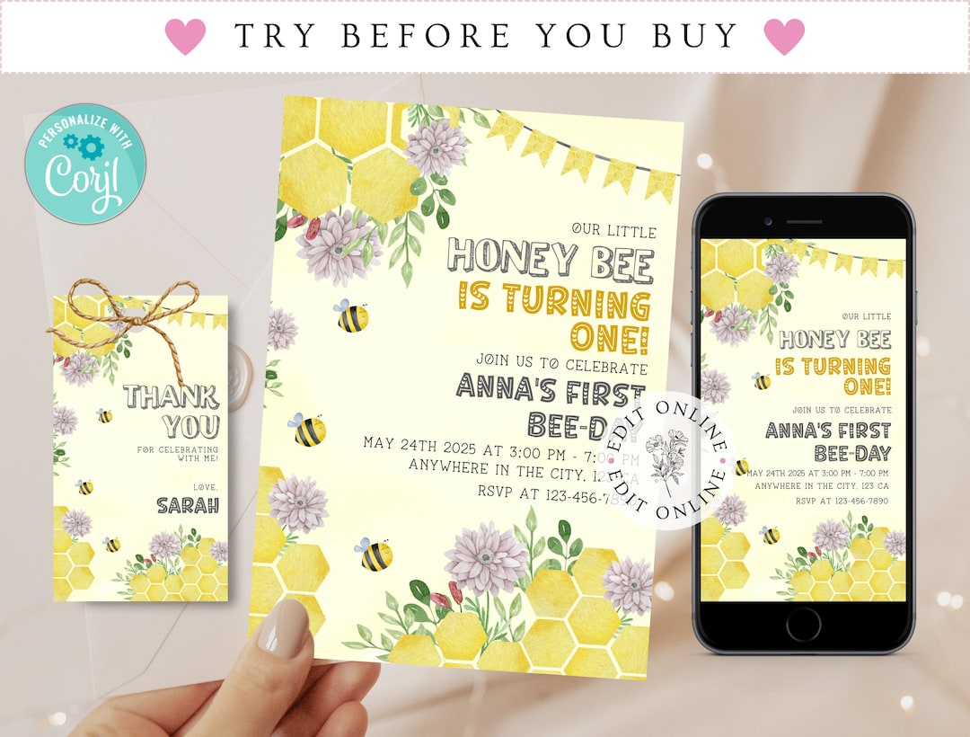 Modern Bee First Birthday Invitation, Editable Floral Bee Invite ...