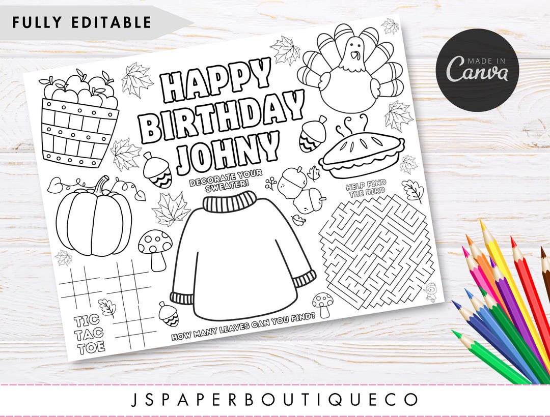 Fall Activity Placemat, Printable Fall Coloring Placemats, Fall ...