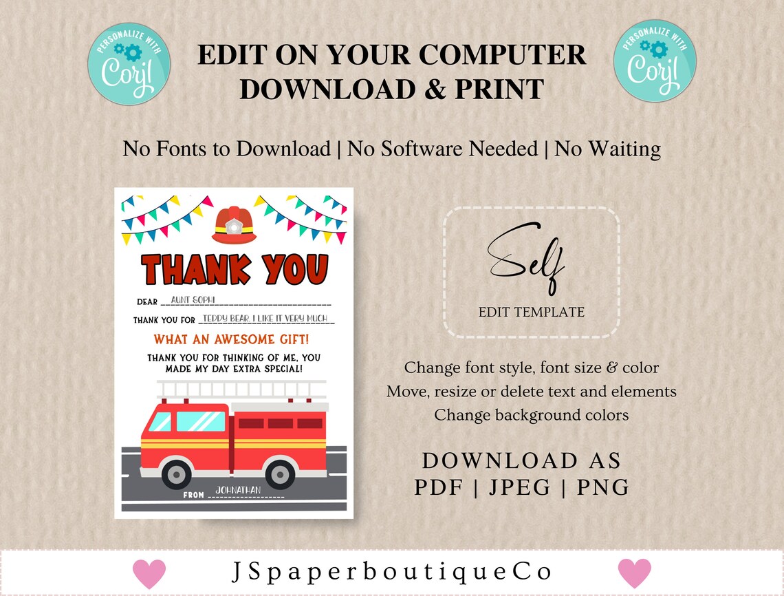 Firetruck Thank You Card Template, Editable Thank You Card, Firefighter ...