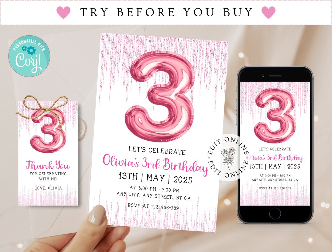 3rd Birthday Invitation Template, Glitter Birthday Party Invite, Girl ...