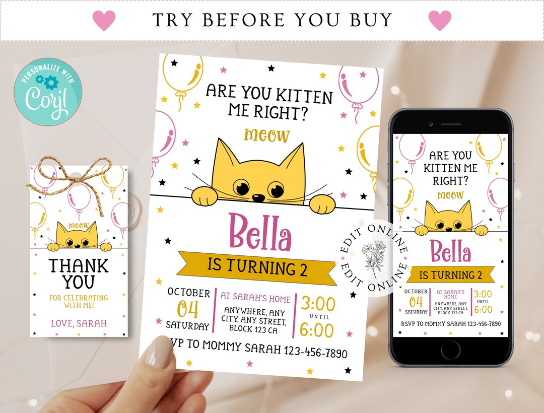 Kitten Birthday Invitation Kitty Cat Birthday Party Cat - Etsy