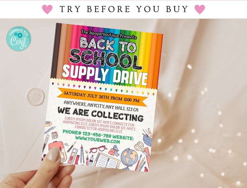 Back to School Drive Flyer Template, Editable Back to School Supply ...