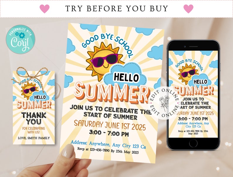 Editable End of School Party Invitation, Hello Summer, Goodbye Schools ...