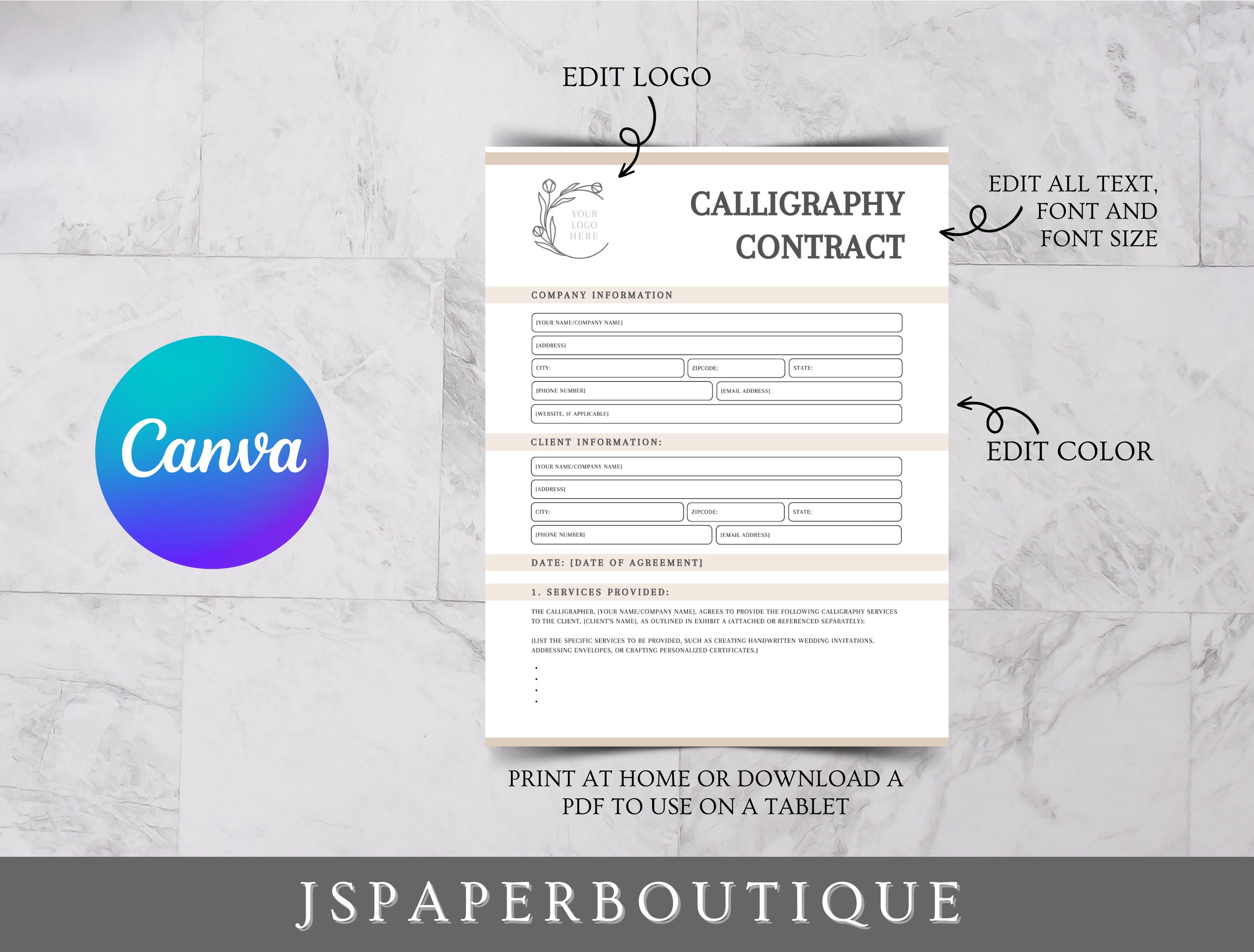 Calligraphy Contract Template, Wedding Calligraphy Business, Canva ...