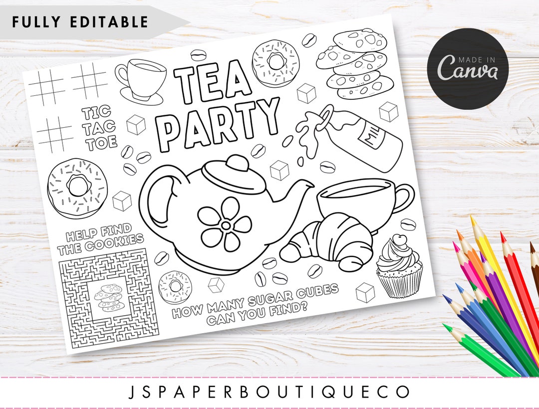 Tea Party Coloring Placemat, Tea Party Placemat, Personalized, Tea Time ...