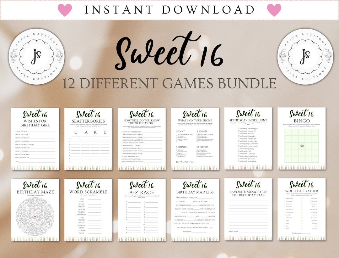 Sweet Sixteen Games Bundle, Sweet 16 Games, Sweet 16 Birthday Games, 12 ...