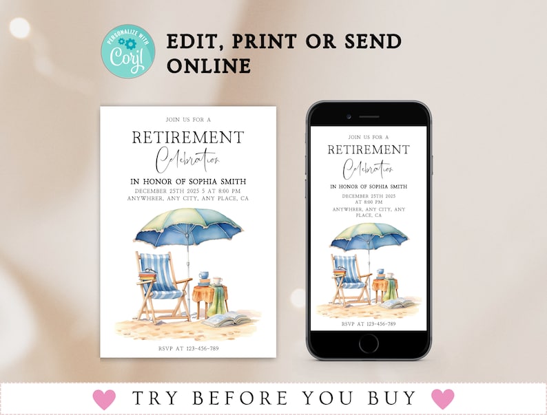 Retirement Beach Party Invitation Template, Retirement Celebration ...