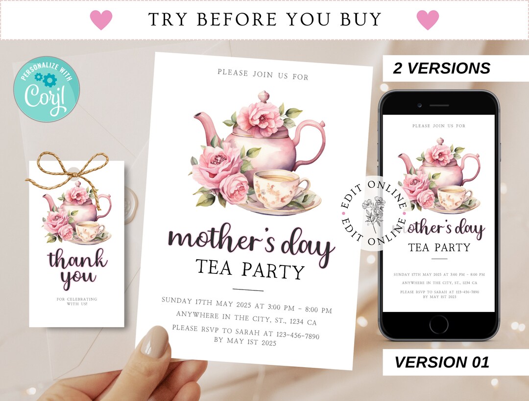 Mothers Day Tea Party Invitation, Mothers Day Invitation Editable ...