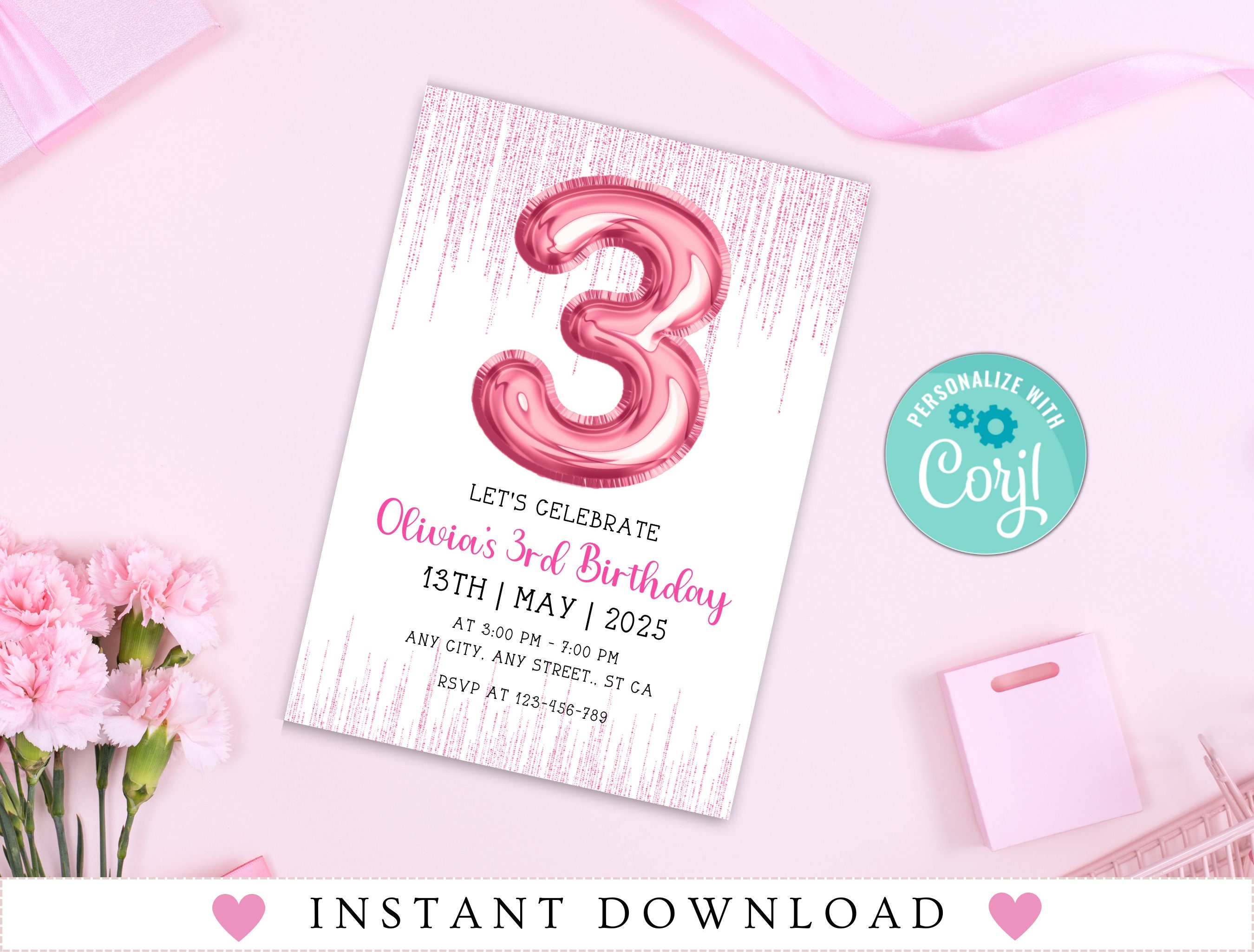 3rd Birthday Invitation Template, Glitter Birthday Party Invite, Girl ...