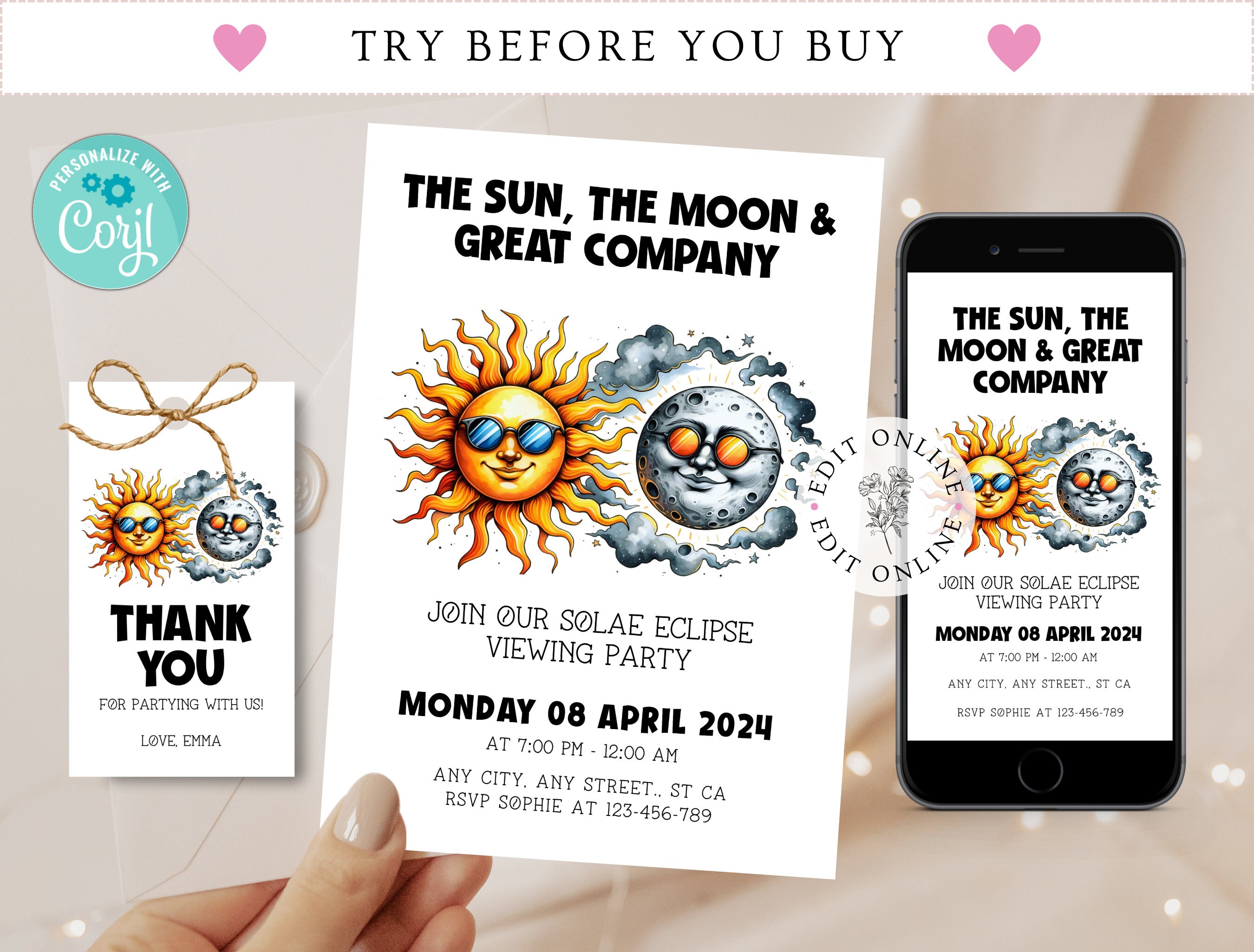Solar Eclipse Party Invitation, Printable Editable Template in Corjl ...