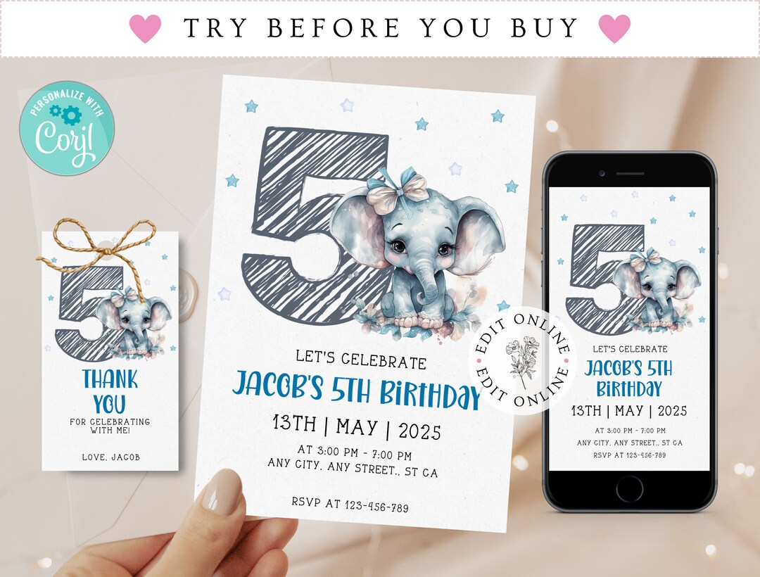 5th Birthday Party Invitation, Boy Birthday Party, Editable Elephant ...