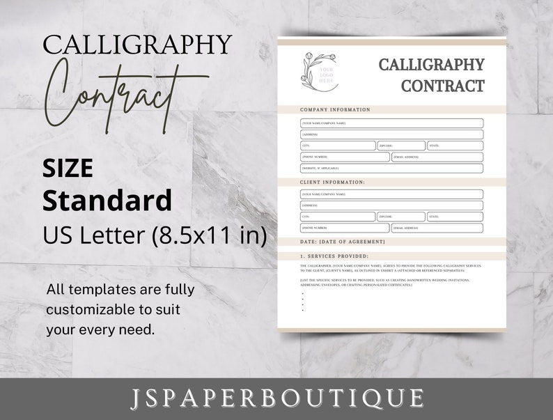 Calligraphy Contract Template, Wedding Calligraphy Business, Canva ...