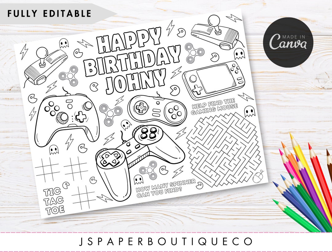 Video Game Coloring Placemat, Gaming Birthday, Coloring Placement for ...