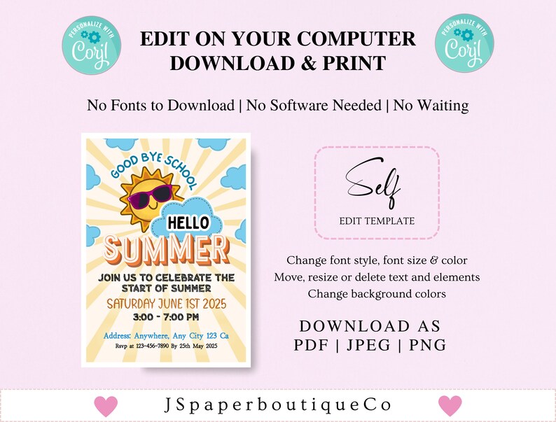 Editable End of School Party Invitation, Hello Summer, Goodbye Schools ...