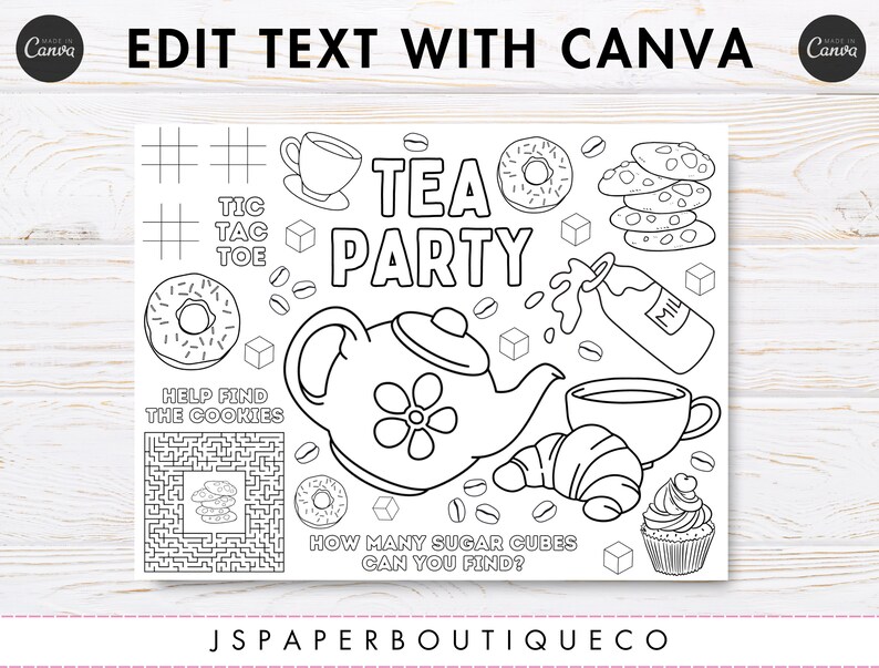 Tea Party Coloring Placemat, Tea Party Placemat, Personalized, Tea Time ...