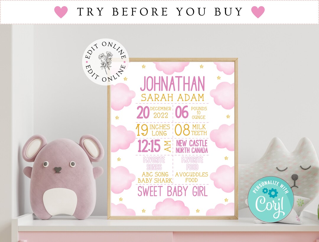 Baby Birth Stats, Baby Girl Birth Announcement Template, Baby Birth ...