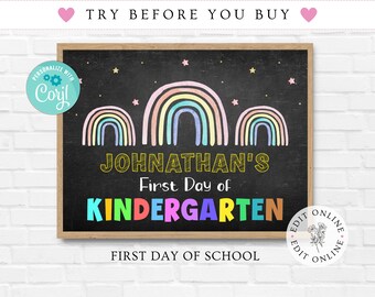 Editable First Day of Kindergarten Sign, Boho Rainbow First Day of ...