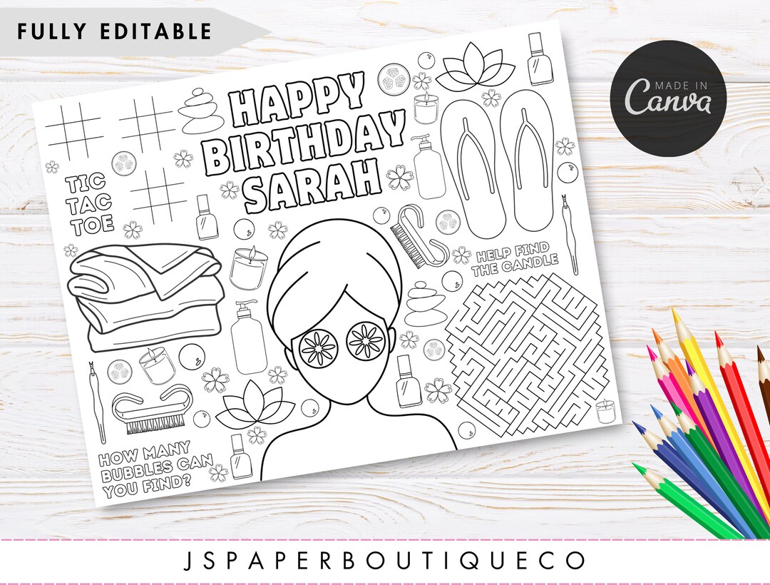 Spa Party Coloring Placemat, Coloring Page Craft Activity Sheet Table ...