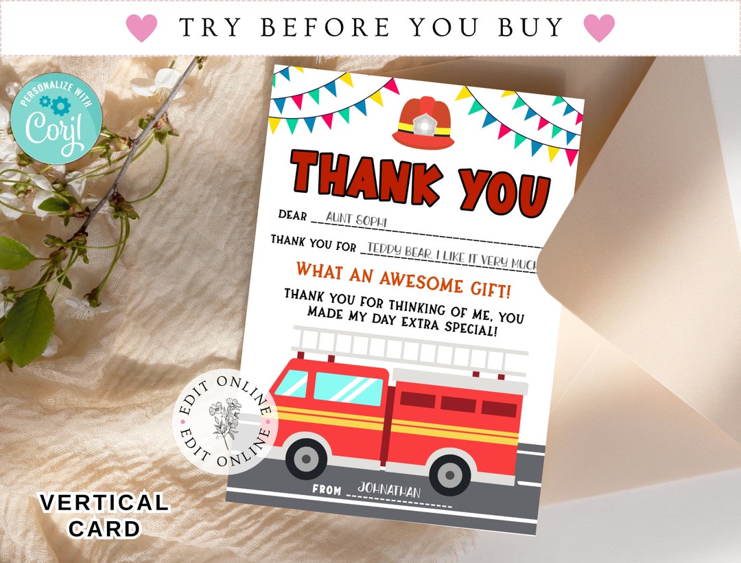 Firetruck Thank You Card Template, Editable Thank You Card, Firefighter ...