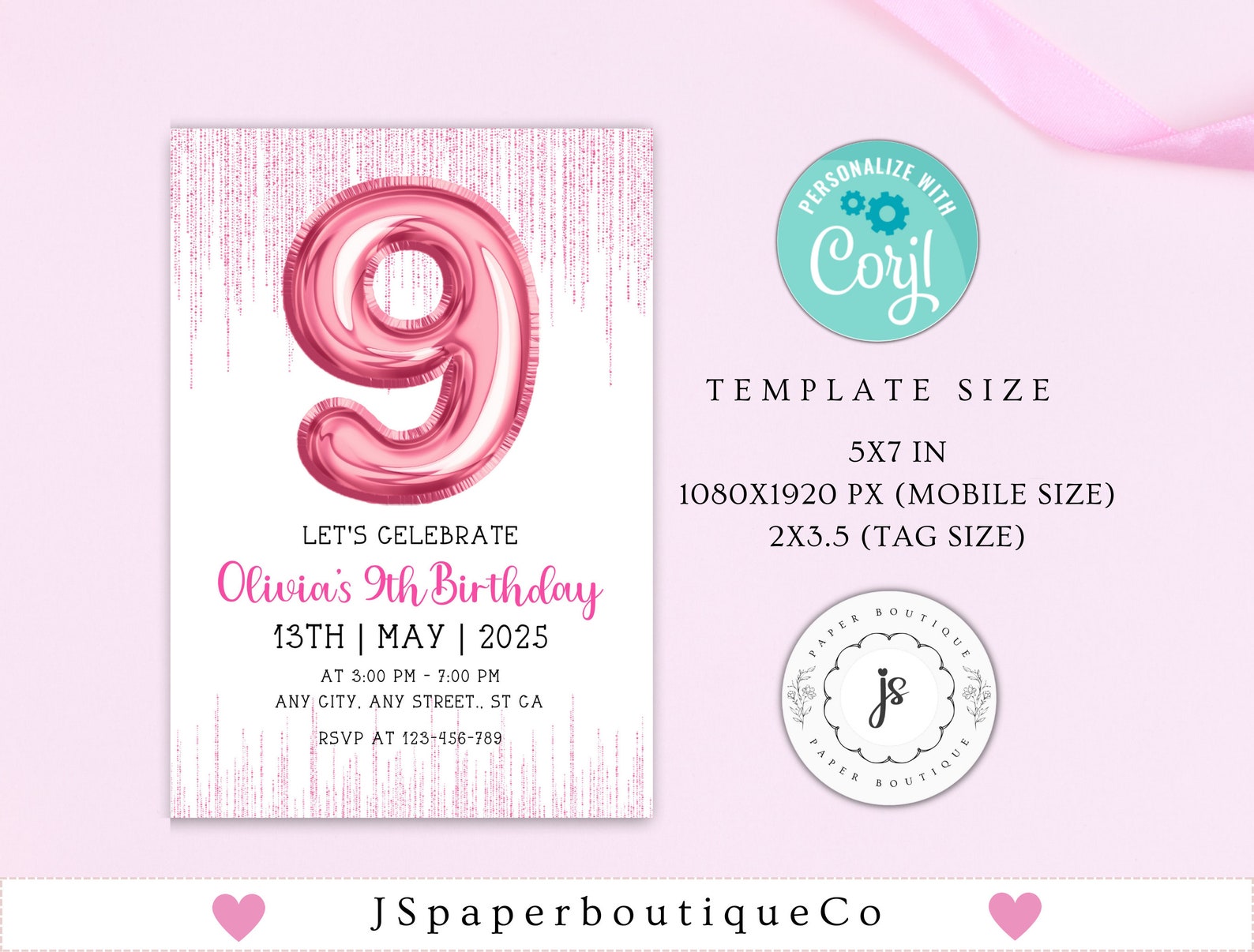Editable 9th Birthday Invitation Template, Printable 9th Birthday ...