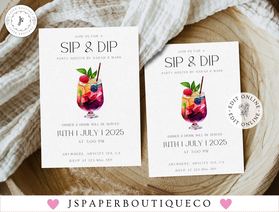 Sip and Dip Summer Party Invitation, Summer Cocktail Party Invitation, Sip & Dip Invite, Simple ...
