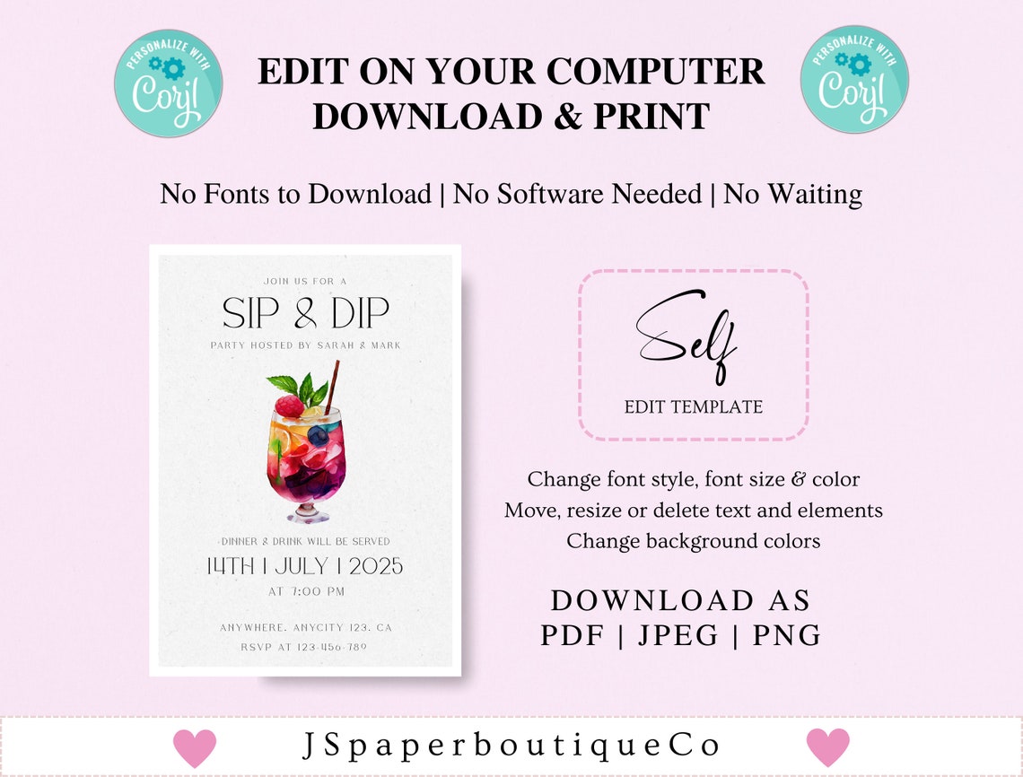 Sip and Dip Summer Party Invitation, Summer Cocktail Party Invitation ...