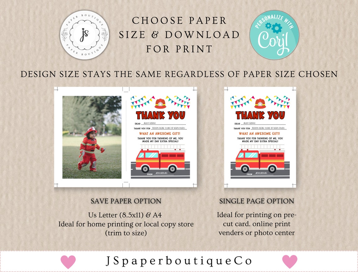 Firetruck Thank You Card Template, Editable Thank You Card, Firefighter ...